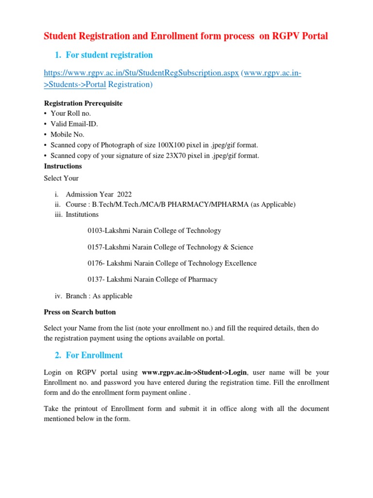 Student Registration and Enrollment Form Process On RGPV Portal | PDF