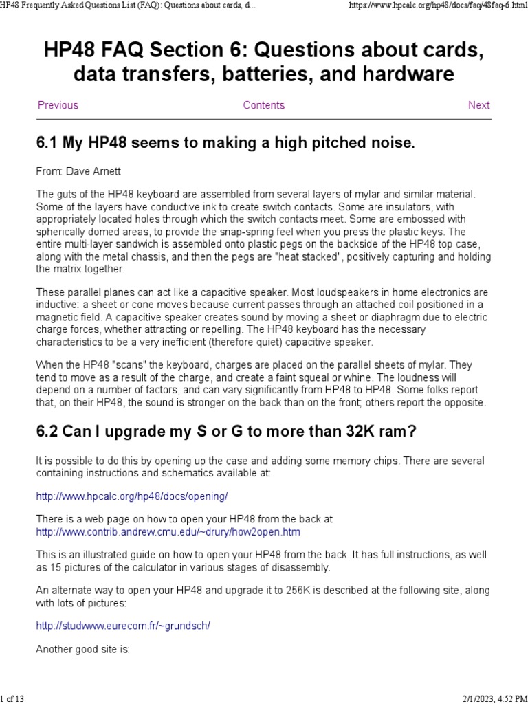 HP48 Frequently Asked Questions List (FAQ) Questions About Cards, Data Transfers, Batteries, and ...