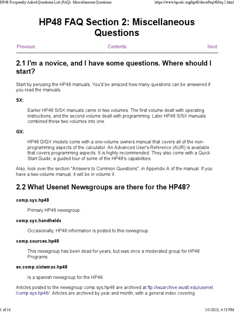 HP48 Frequently Asked Questions List (FAQ) Miscellaneous Questions | PDF | Calculator | Matrix ...