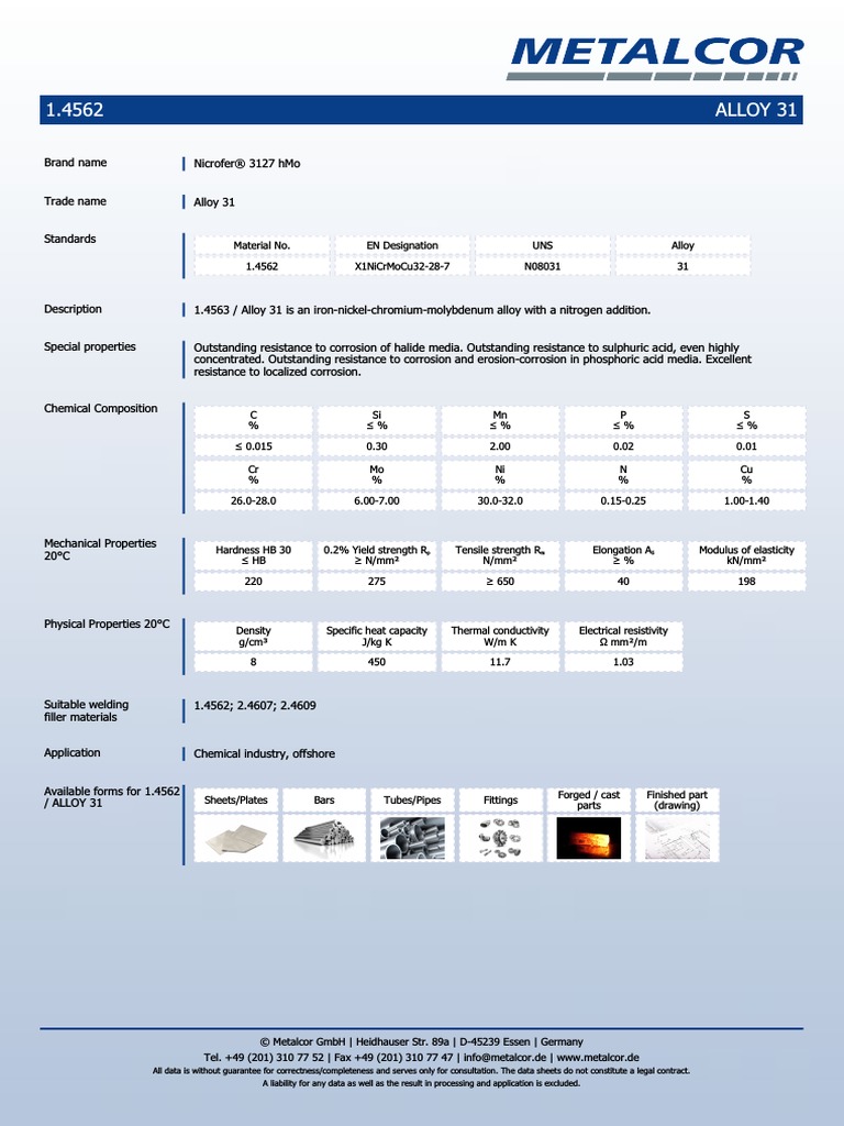 Metalcor 1.4562 Alloy 31 | PDF | Alloy | Corrosion