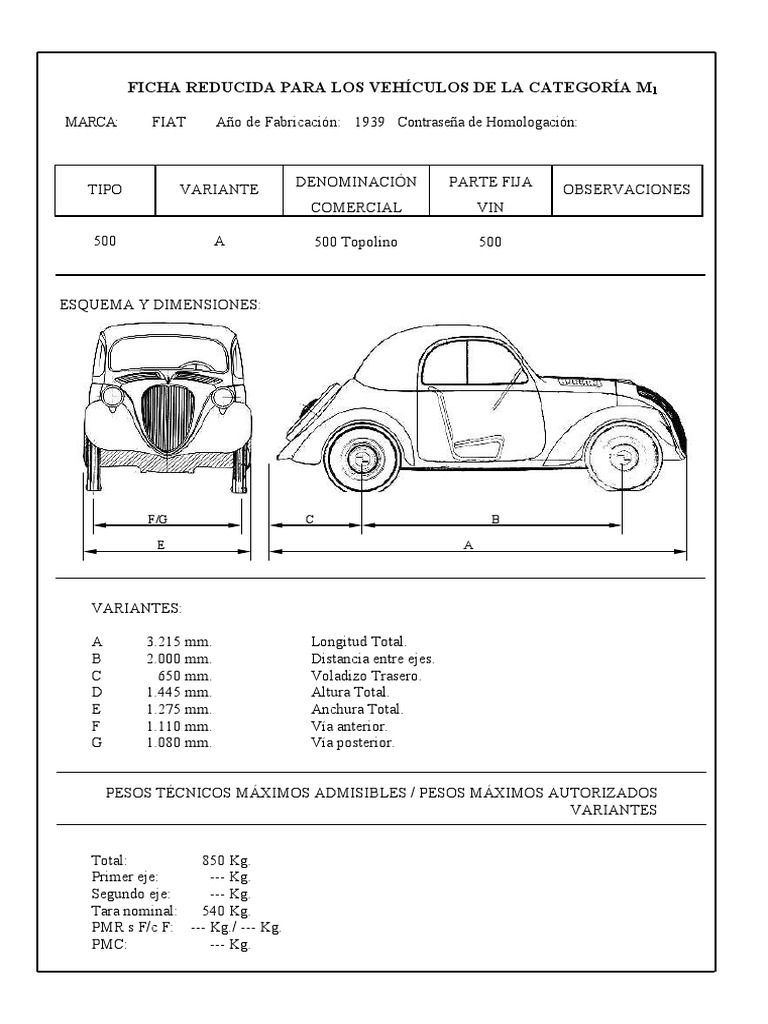 Ficha Reducida para FIAT 500 Topolino 1939 | PDF | Eje | Coche