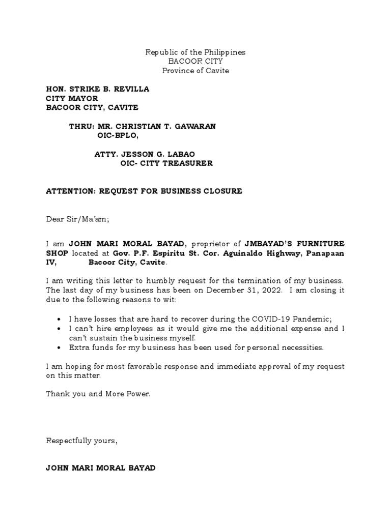 Business Closure Request by JMBAYAD's Furniture | PDF | Finance & Money ...