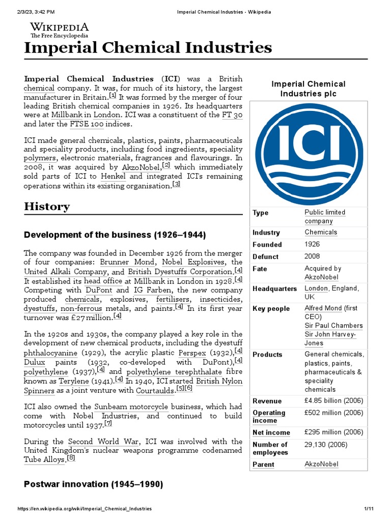 Imperial Chemical Industries - Wikipedia | PDF | Companies