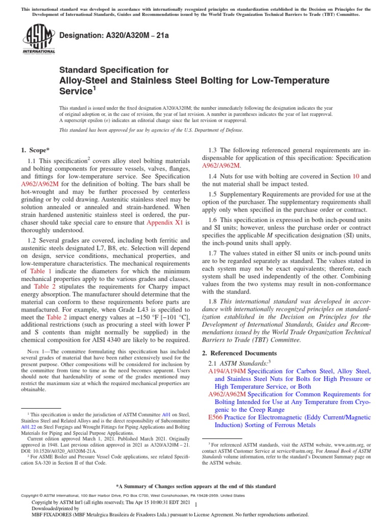 ASTM A 320 - 21a | PDF | Screw | Heat Treating