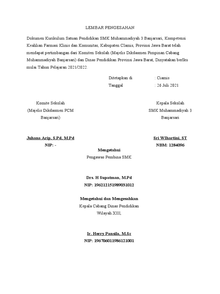 Lembar Pengesahan KTSP | PDF