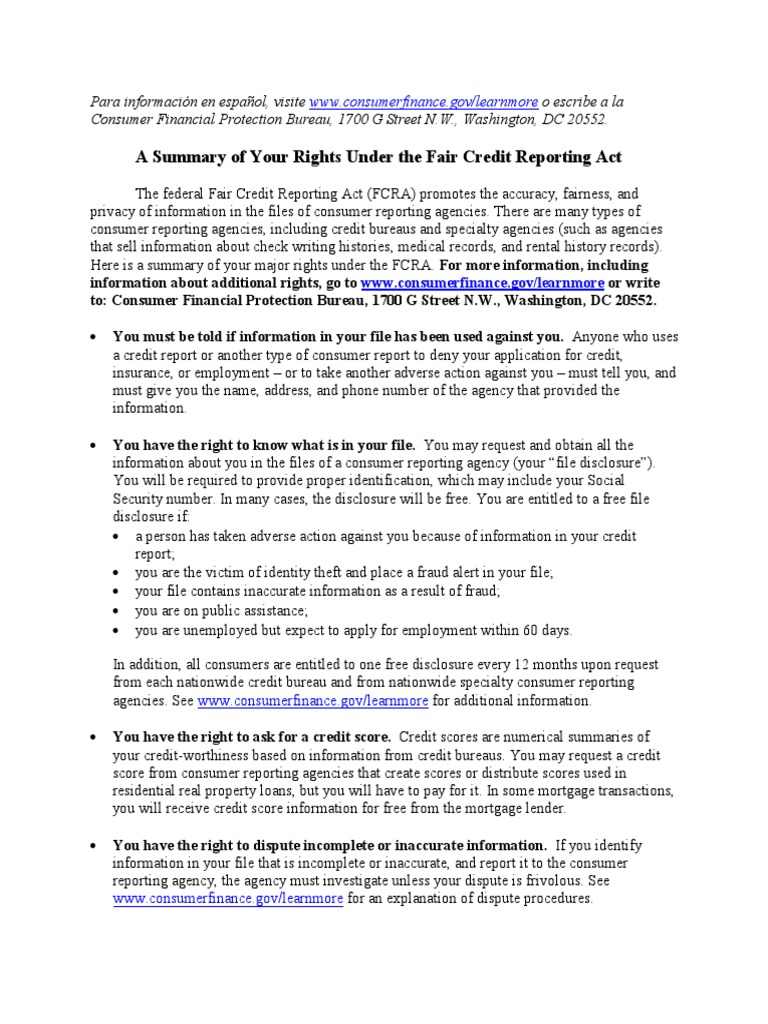 Fcra Summary of Rights | PDF | Credit Bureau | Credit Score