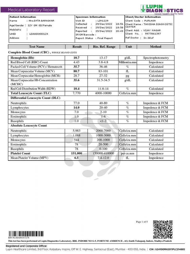 CBC and Dengue Test Report for Ekta Baraskar | PDF | Serology | Infection