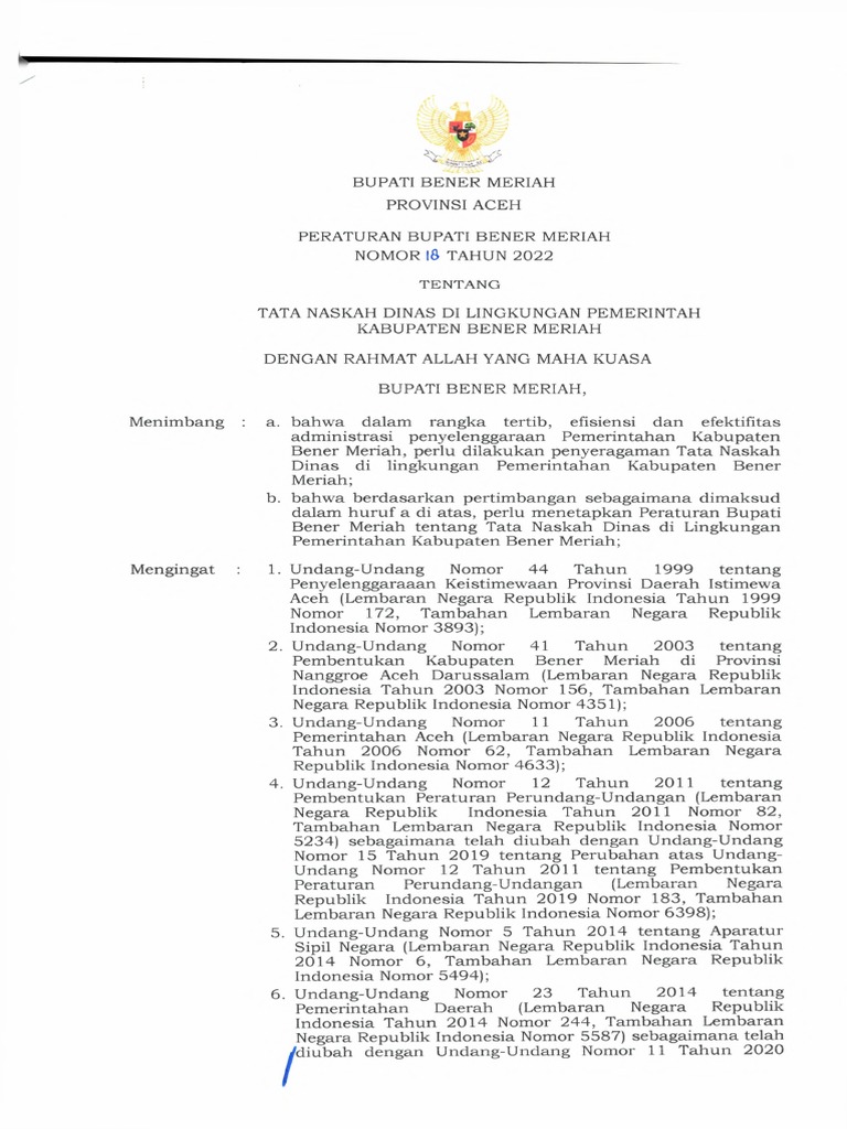 Perbup Tata Naskah Dinas No 18 Tahun 2022 | PDF