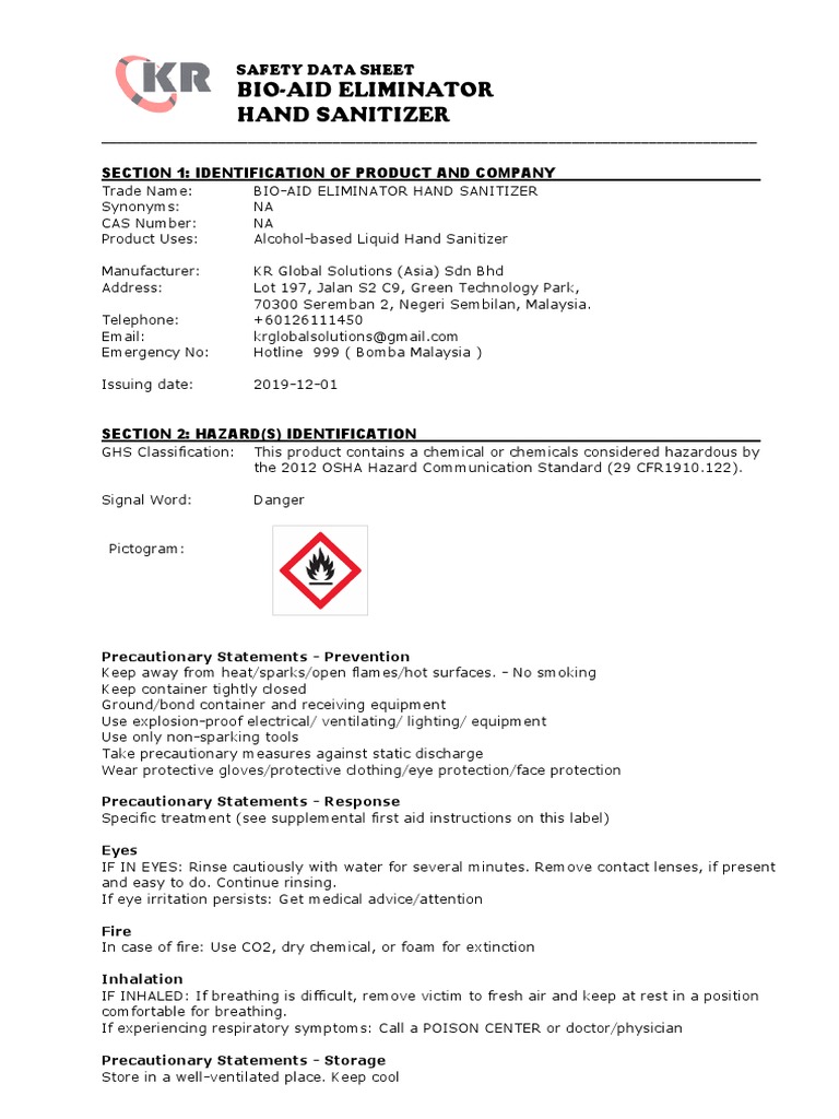 SDS Bio Aid Hand Sanitizer (Liquid) | PDF | Firefighting | Toxicity
