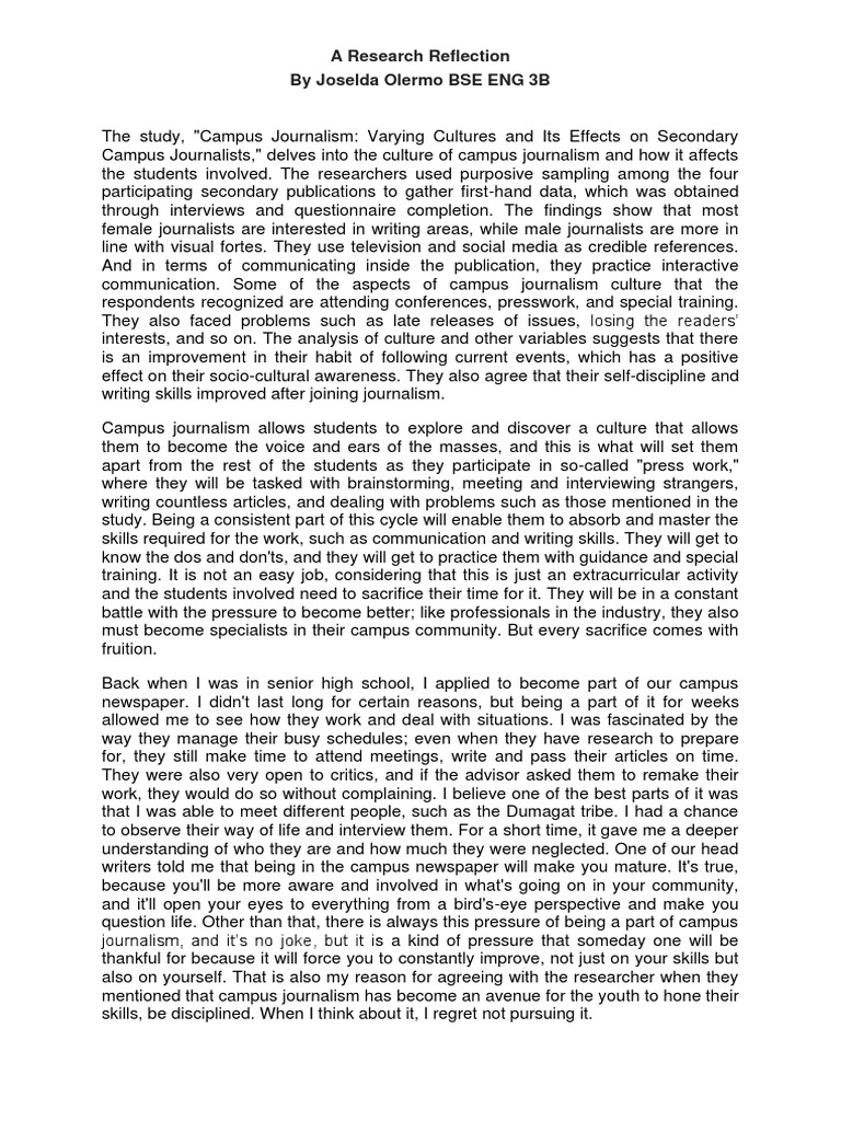 Campus Journalism A Reflection Paper | PDF | Journalism | Experience