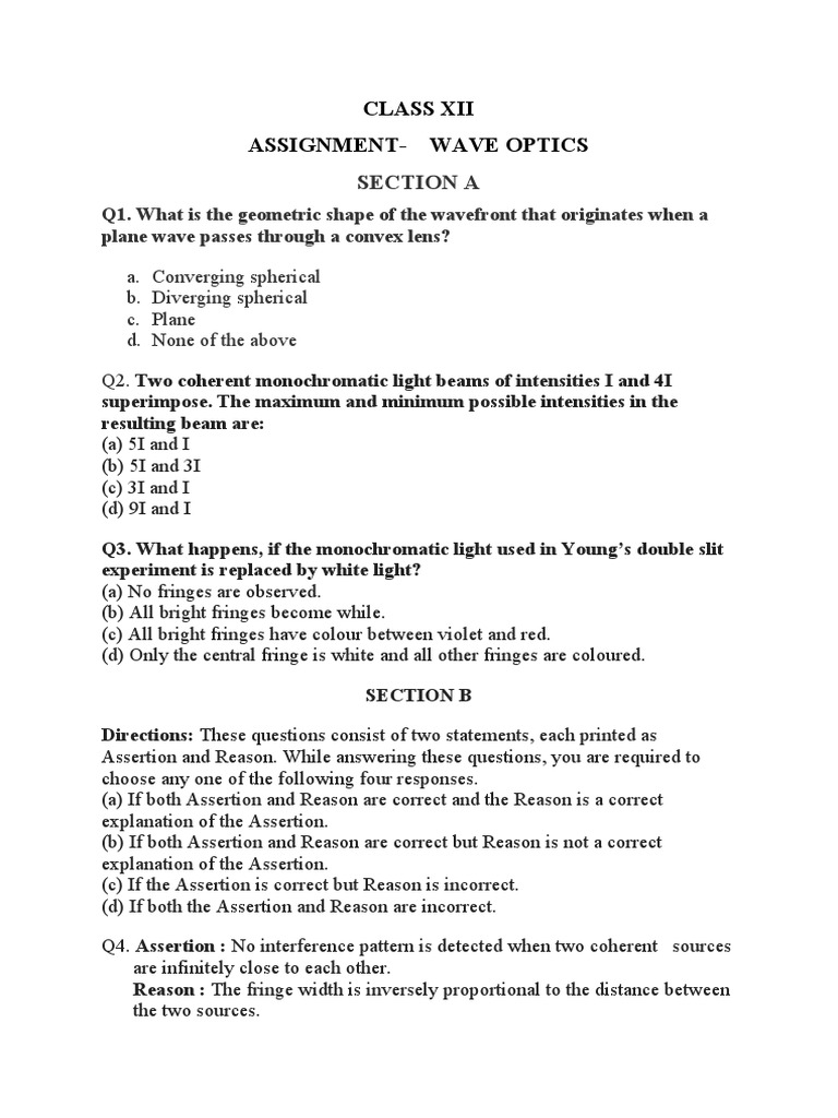Assignment Wave Optics Class Xii | PDF | Diffraction | Physical Chemistry