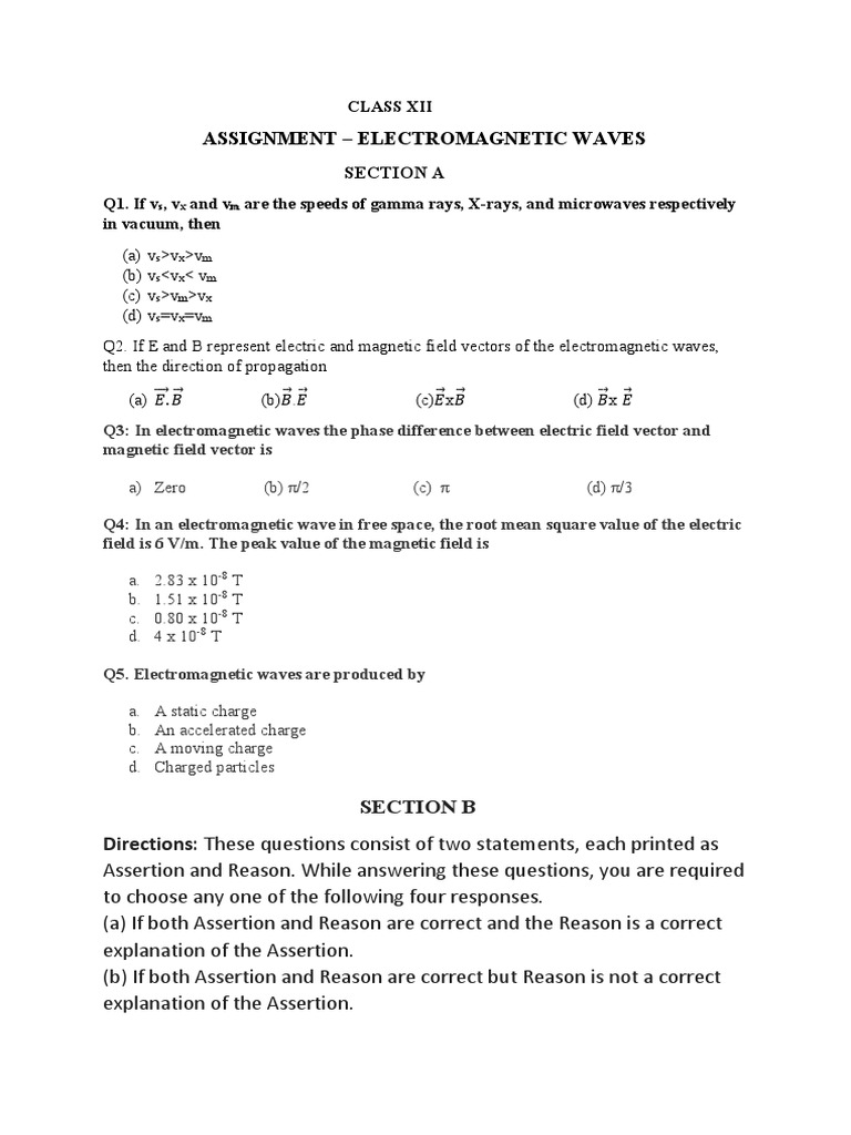 Em Waves Class Xii Assignment | PDF | Electromagnetic Radiation | Waves