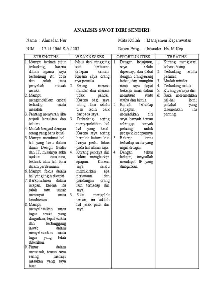 Analisis Swot Diri Sendiri | PDF