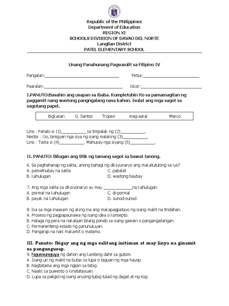 Grade 4 Fil Exam | PDF