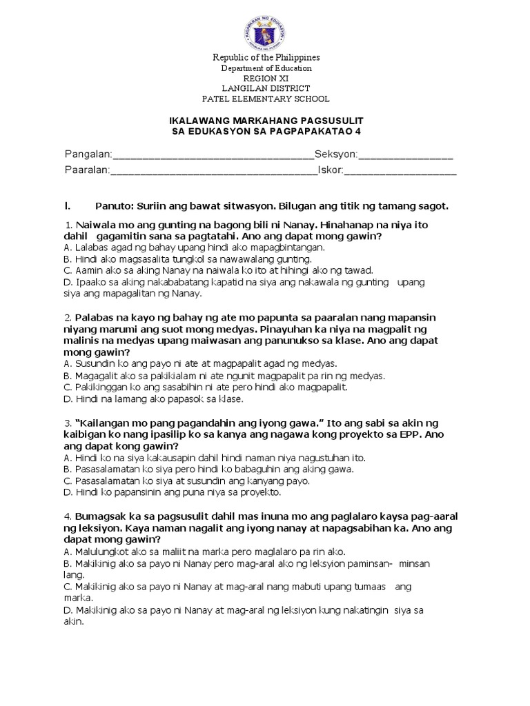 Grade 4 Quarter 2 Assessment in EsP | PDF