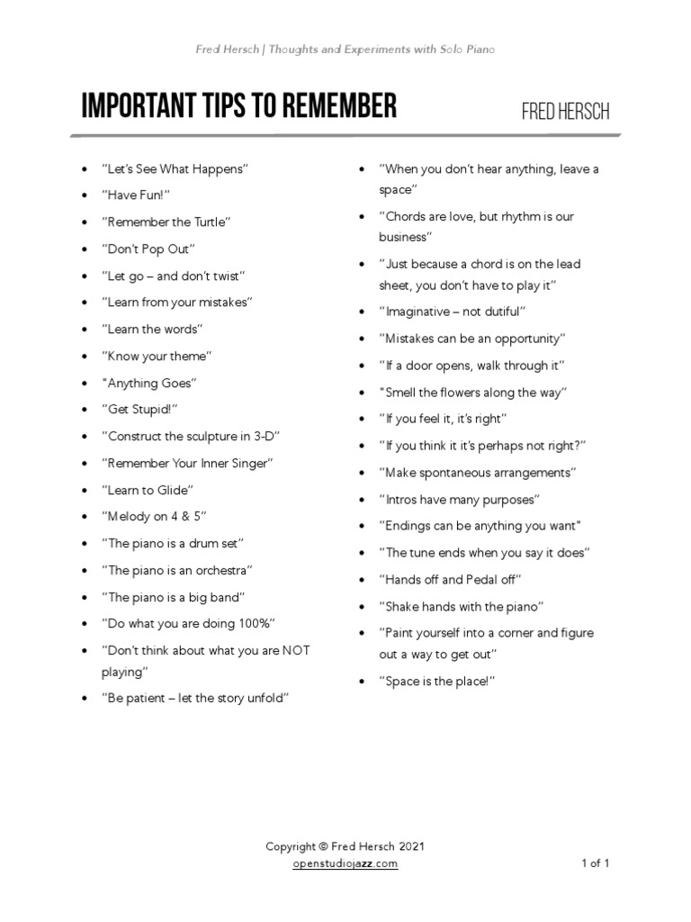 Important Tips To Remember - Fred Hersch | PDF | Piano | Musical Forms