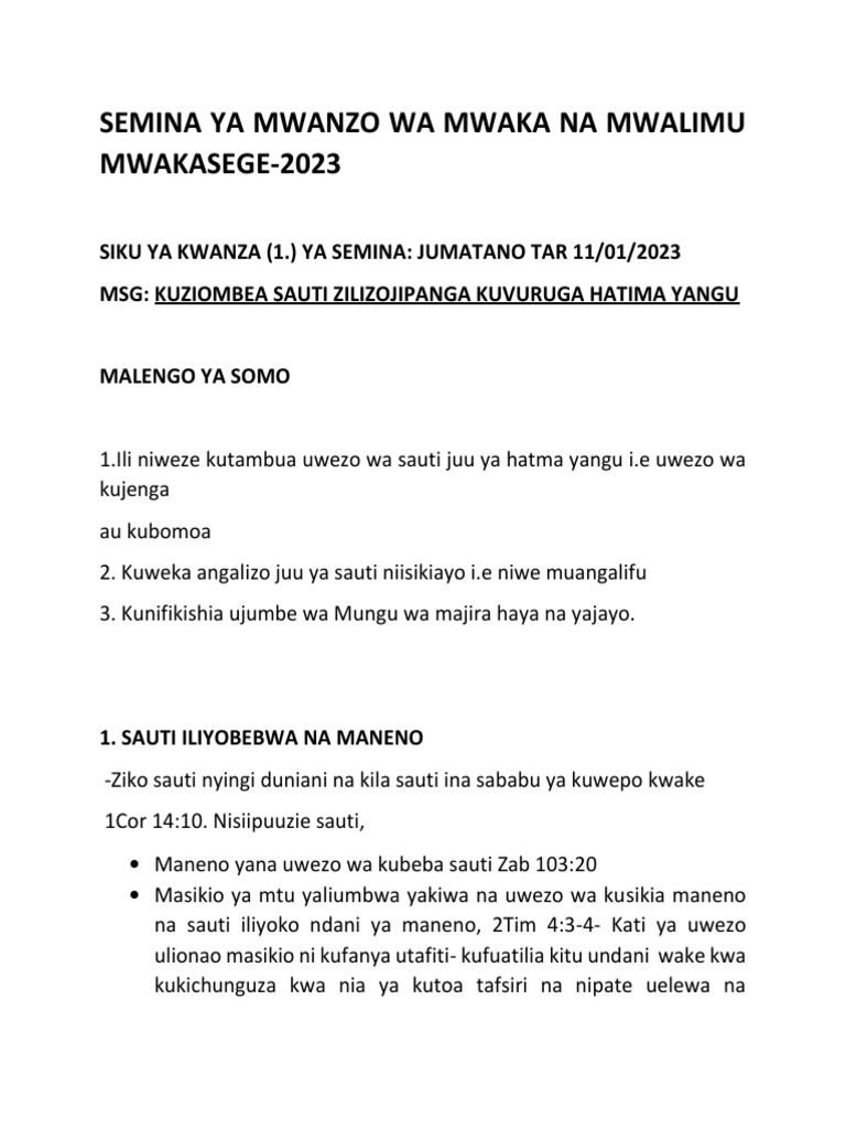 Semina Ya Mwanzo Wa Mwaka Na Mwalimu Mwakasege-2023 | PDF