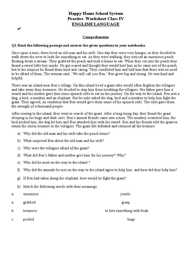 English Class IV Comprehension Worksheet | PDF
