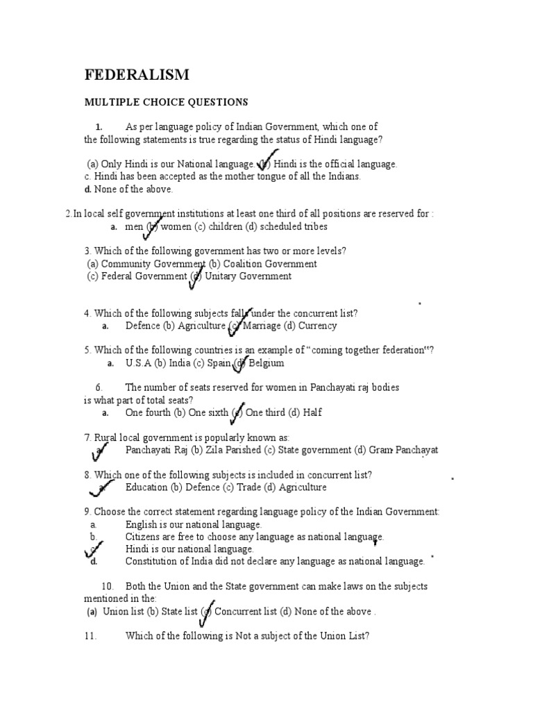 Federalism MCQ Question | PDF | Government Of India | Justice