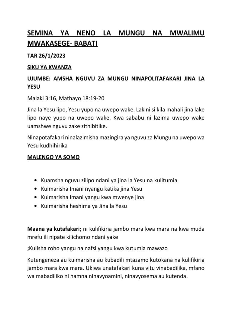 Semina Ya Neno La Mungu Na Mwalimu Mwakasege | PDF