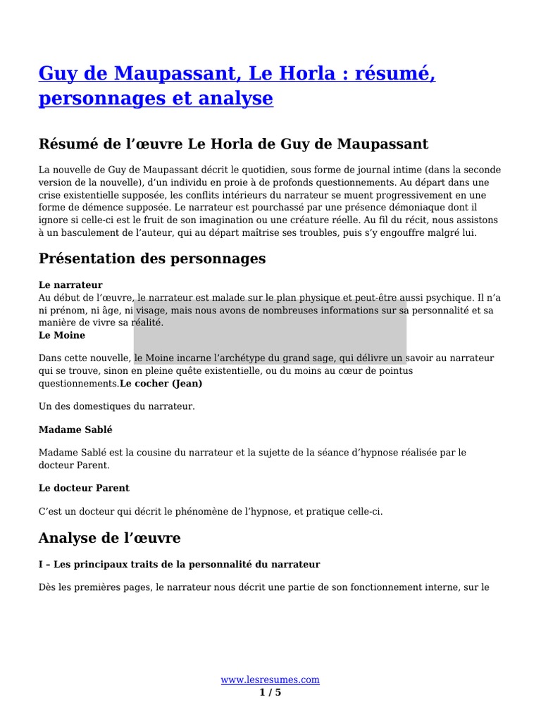 Résumé et analyse du Horla de Maupassant | PDF | Mystère, thriller et ...
