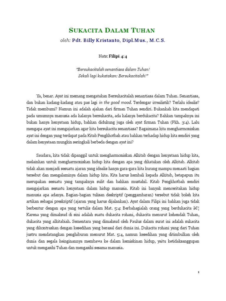 Sukacita Dalam Tuhan - Pdt. Dr. Billy Kristanto | PDF