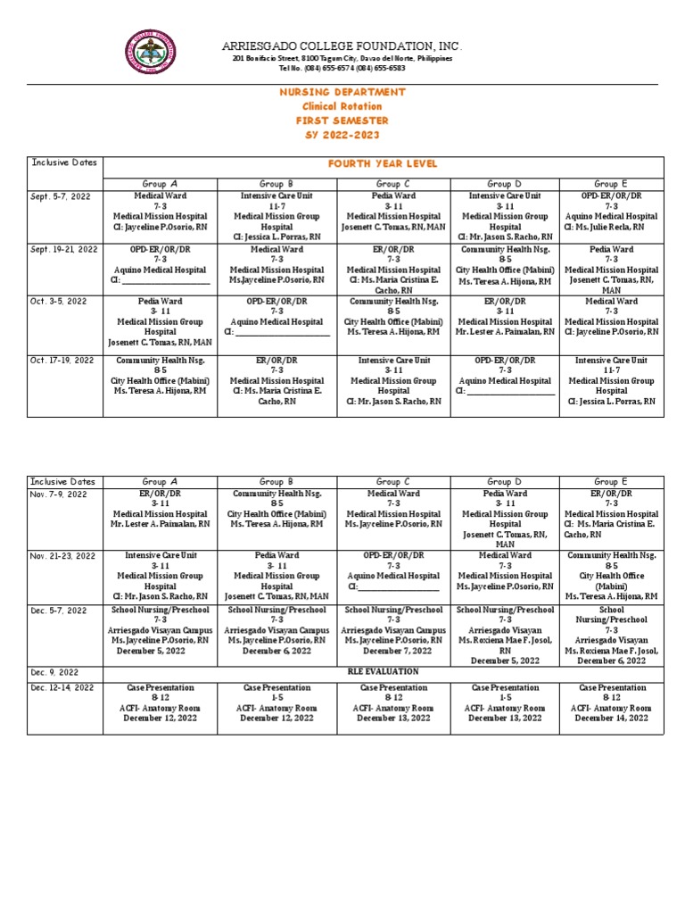 BSN 4 1st Sem Clinical Rotation | PDF | Hospital | Nursing
