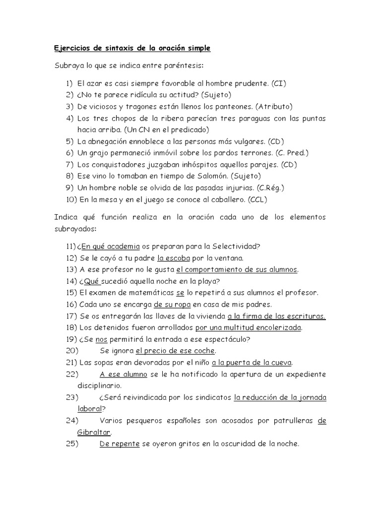 Ejercicios de sintaxis: oraciones simples | PDF | Historia