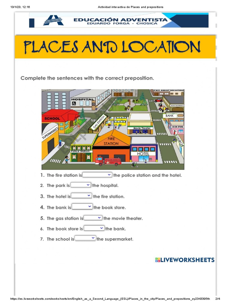 Interactive ESL Activity: Places & Prepositions | PDF