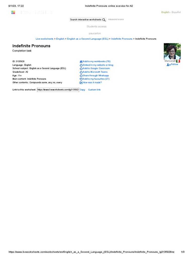 Indefinite Pronouns Online Exercise For A2 4 | PDF | Computing