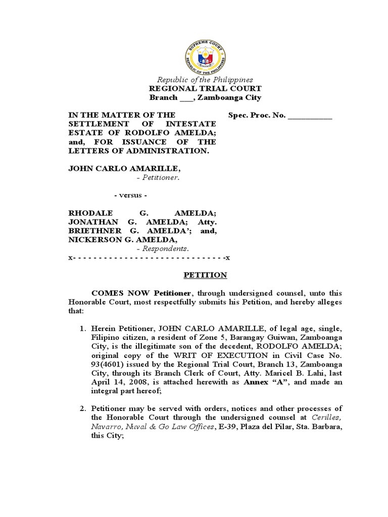 Petition For Judicial Settlement of Estate of Rodolfo Almeda (John Carlo Amarille) Final | PDF ...