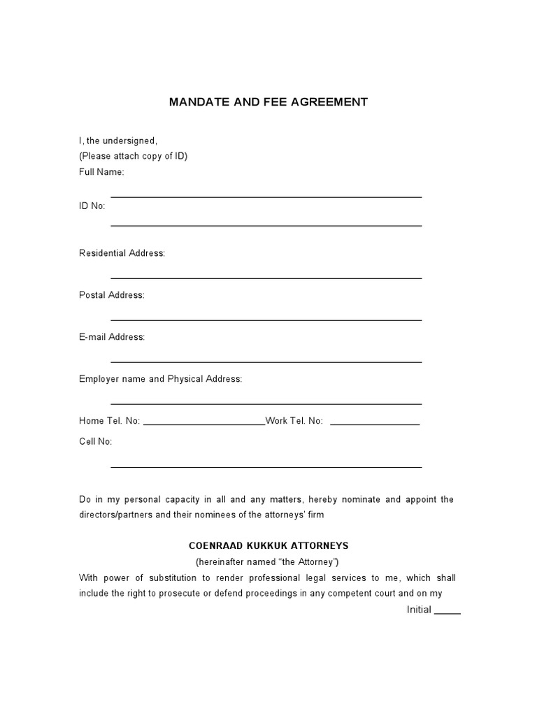 Legal Fee Agreement and Mandate Form | PDF | Costs In English Law | Fee