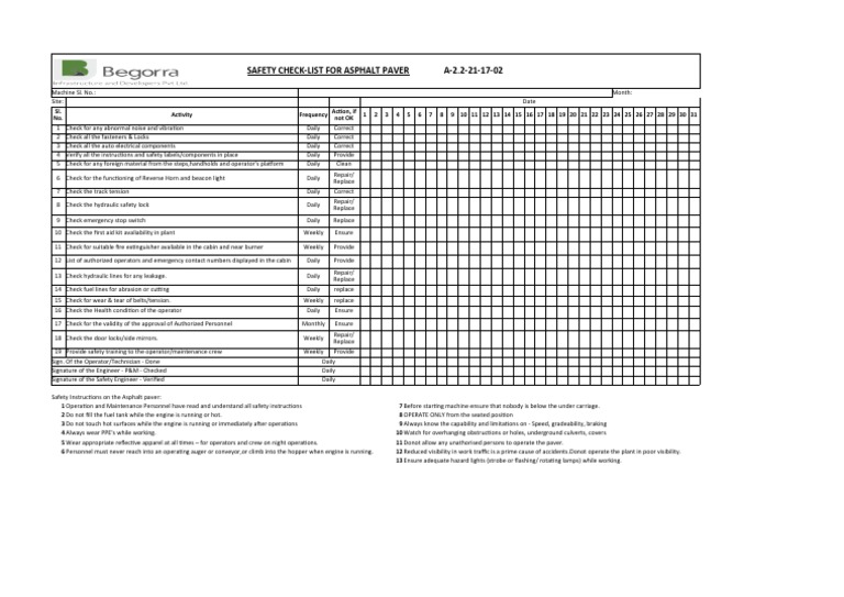 Safety Check-List and Instructions for Operation and Maintenance of an ...