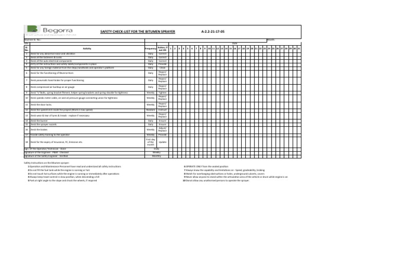 Bitumen Sprayer Maintenance Checklist | PDF | Vehicles | Mechanical ...