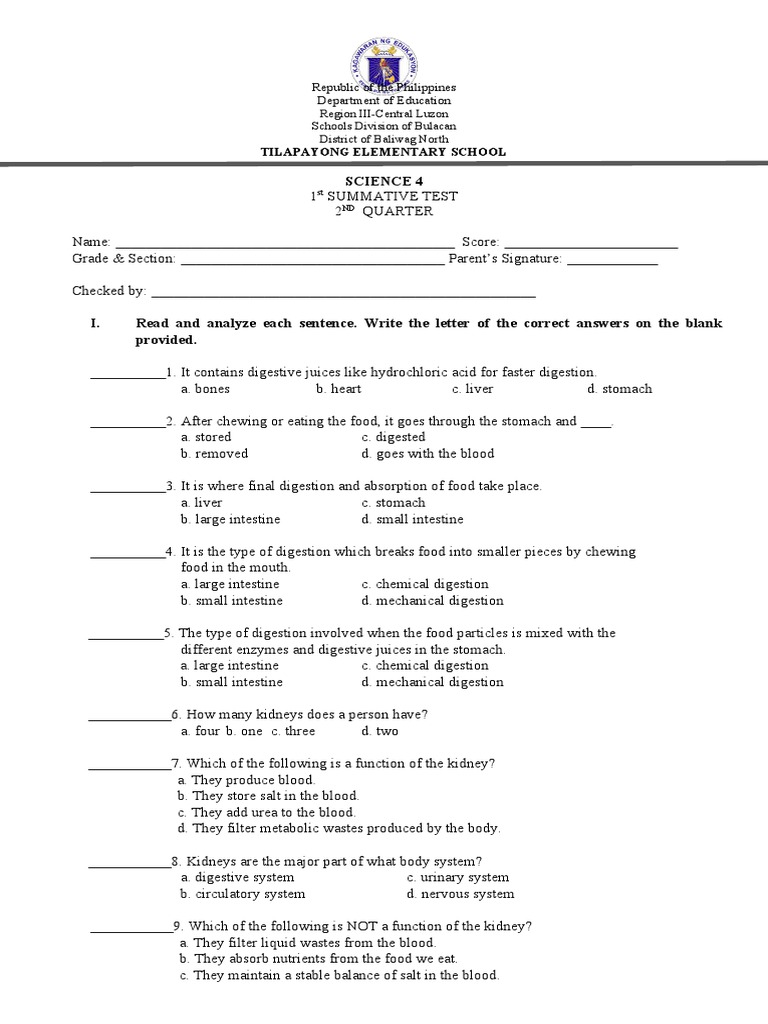 1st Summative Test for Science 4: Focusing on the Digestive and Urinary ...
