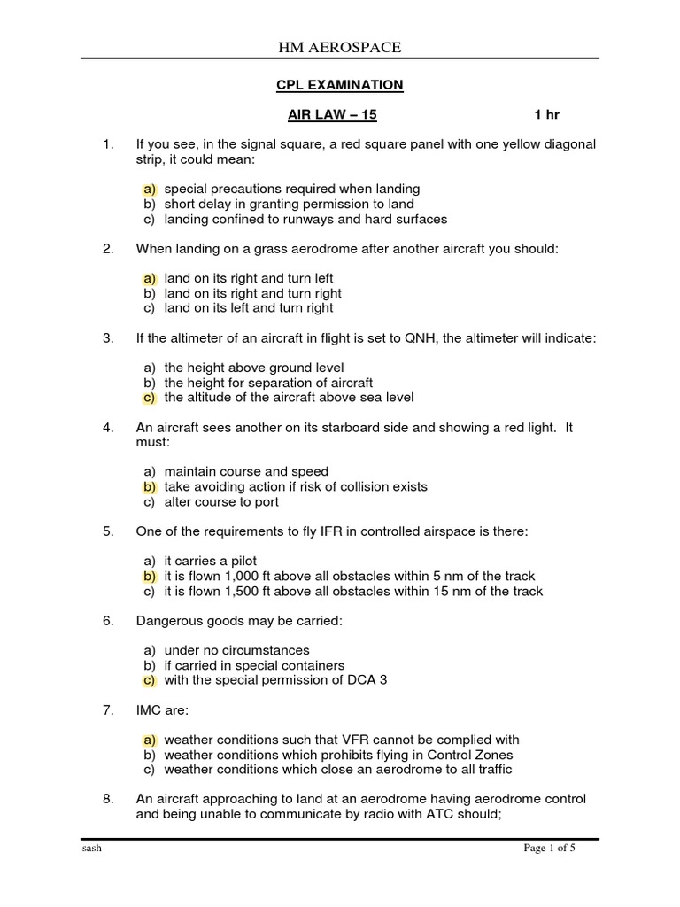 CPL Air Law Exam Questions | PDF | Instrument Flight Rules | Visual ...