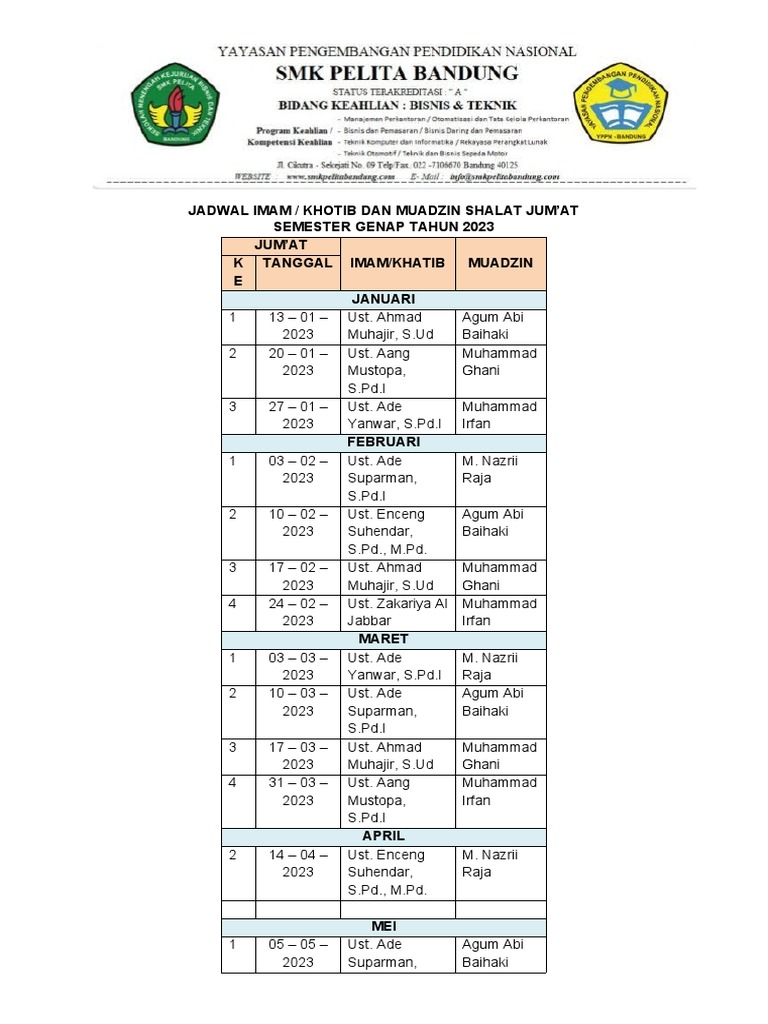 Jadwal Imam Khotib Jumat 2023 | PDF