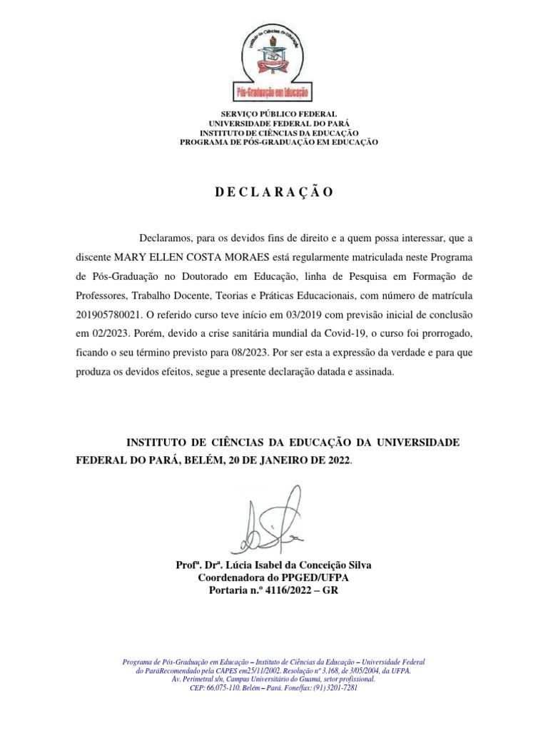 DECLARAÇÃO ATUAL PPGED Mary Ellen Moraes | PDF | Ciências e Matemática