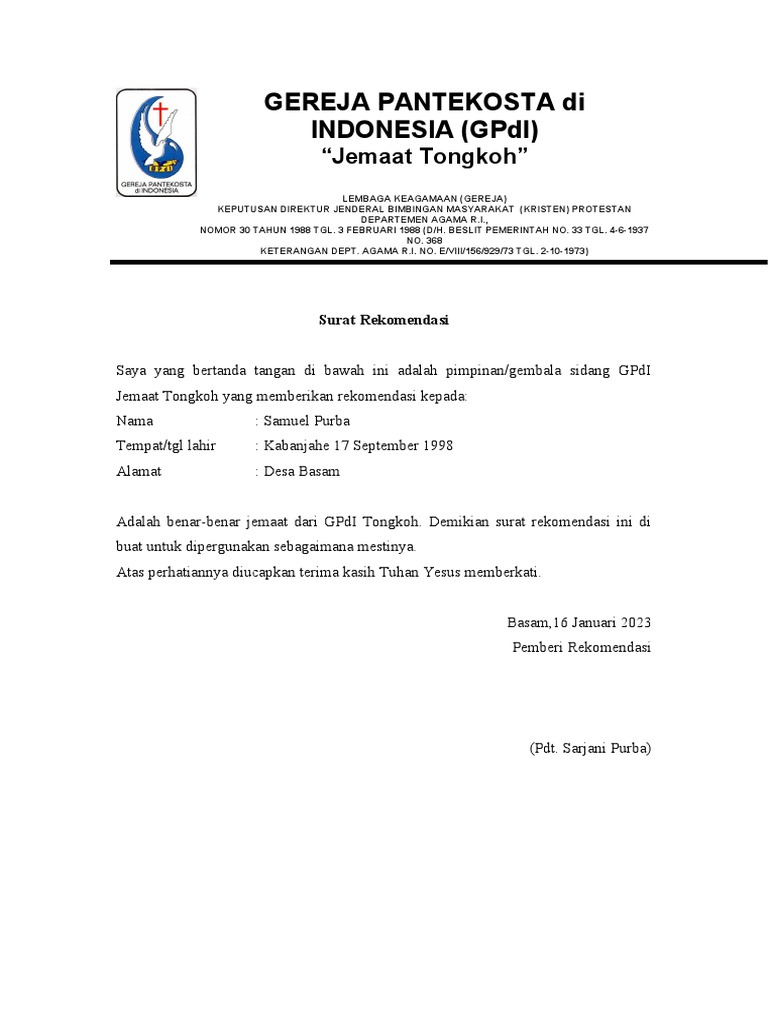 Rekomendasi Jemaat GPdI Tongkoh | PDF