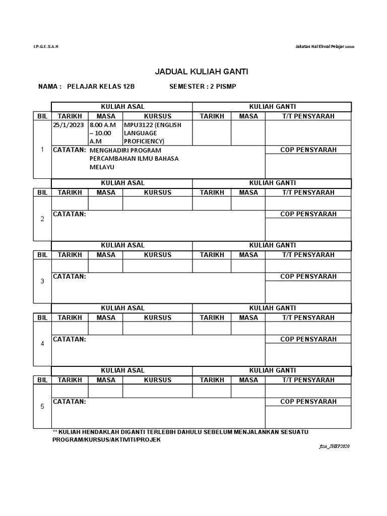 Jadual Kuliah Ganti Pdf