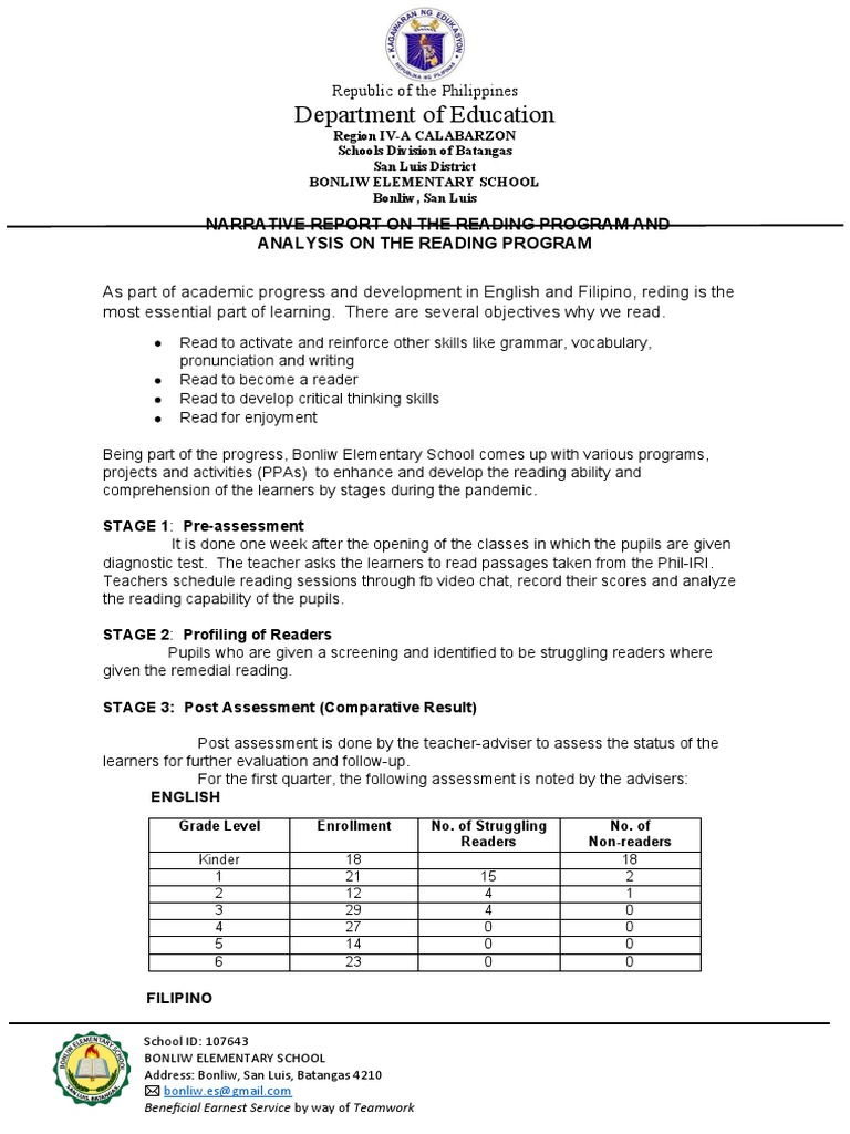 Narrative Report On Reading Program and Analysis On The Project | PDF ...