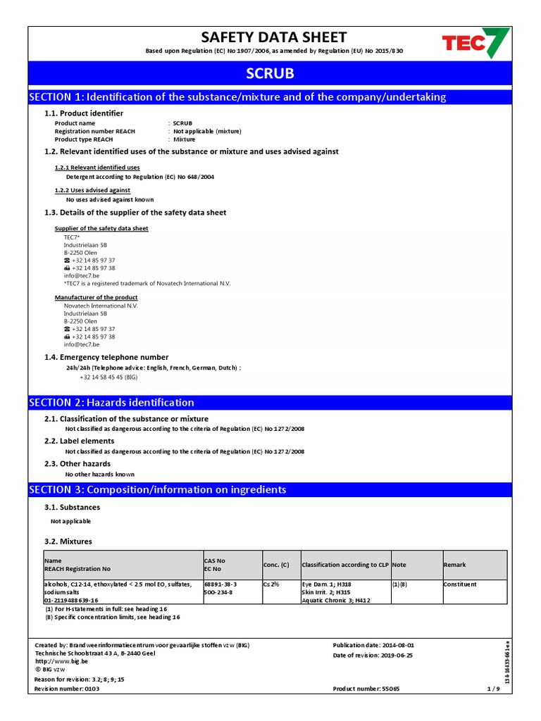 Scrub Safety Data Sheet EN | PDF | Personal Protective Equipment | Toxicity