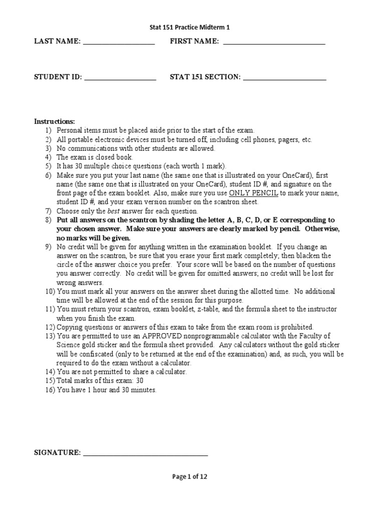 STAT151 Practice Midterm 1 | PDF | Normal Distribution | Statistical Analysis
