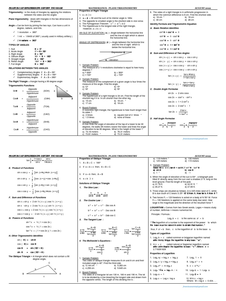 Plane Trigonometry Hand Out | PDF | Trigonometric Functions | Triangle
