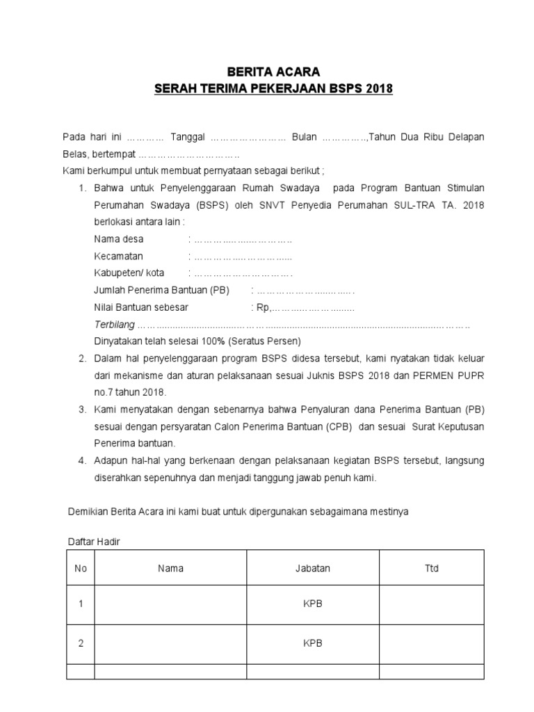 Ba Serah Terima 100% BSPS | PDF