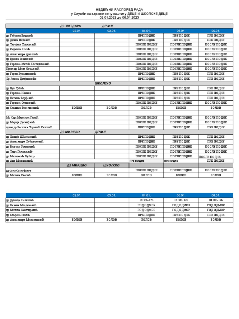 Raspored Rada Lekara U Sluzbi 4 Do 6.1.2023 Pedijatrija I Skolsko | PDF