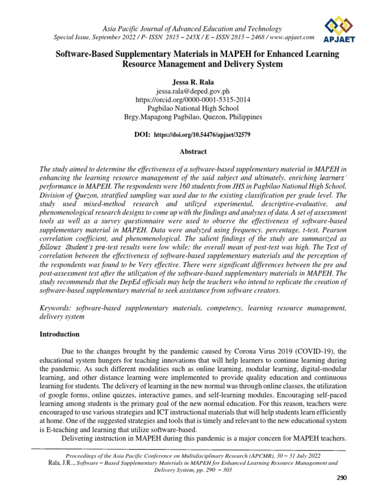 Software - Based Supplementary Materials in MAPEH For Enhanced Learning ...