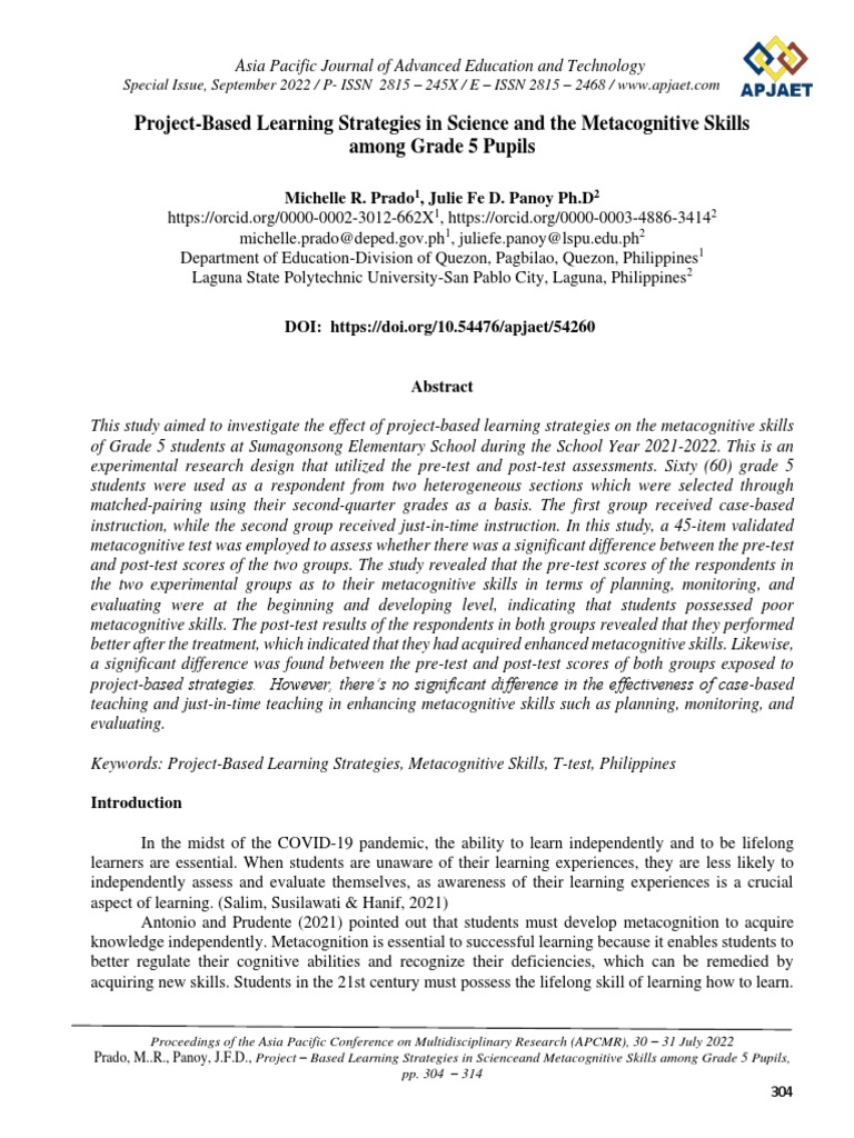 Project - Based Learning Strategies in Scienceand Metacognitive Skills Among Grade 5 Pupils ...