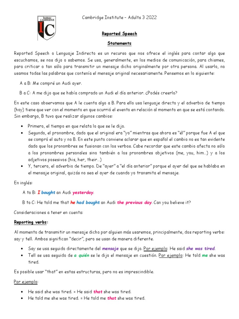 Reported Speech Explanation | PDF | Unidades Semánticas | Mecánica del ...