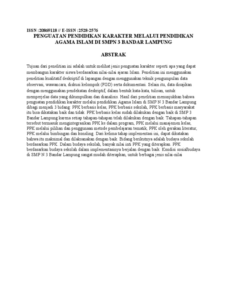 Penguatan Pendidikan Karakter Melalui Pendidikan Agama Islam Di SMPN 3 Bandar Lampung | PDF ...